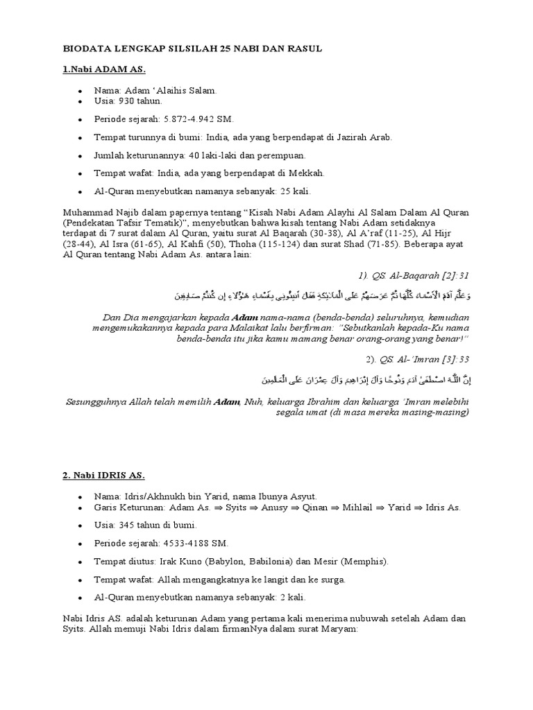 Biodata Lengkap Silsilah 25 Nabi Dan Rasul | PDF