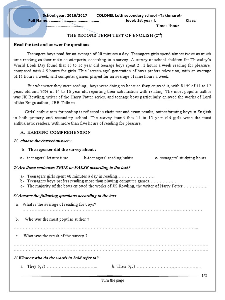 1st Year Test 1 | PDF | Grammar | Syntax