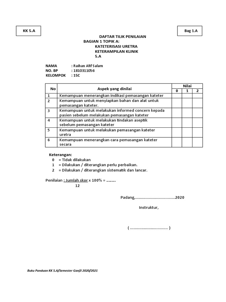 Daftar Tilik Kateter Dan Punksi Suprapubik Kelompok 15C | PDF
