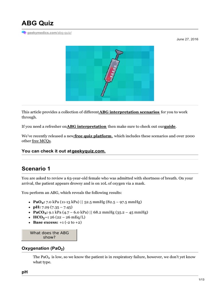 ABG Quiz | PDF | Respiratory System | Breathing