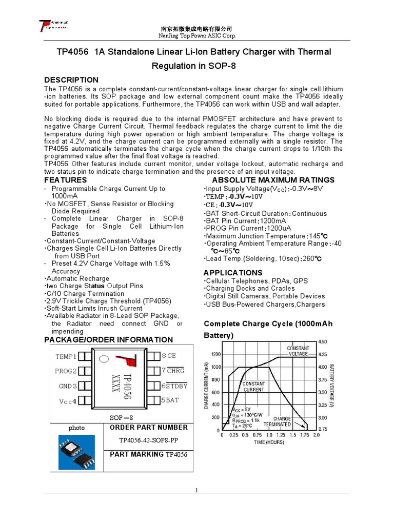 TP4056 1A Standalone Linear Li-Lon Battery Charger With Thermal ...