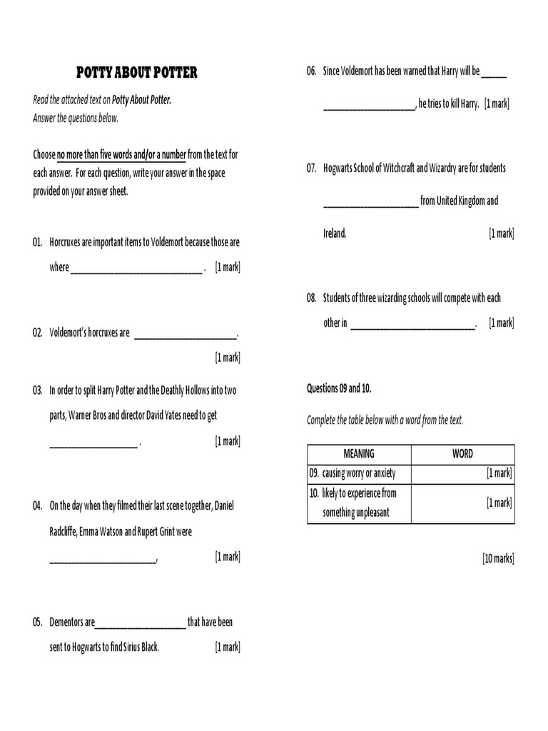 Potty About Potter Exercise PDF | PDF | Fantasy Novels | Contemporary ...