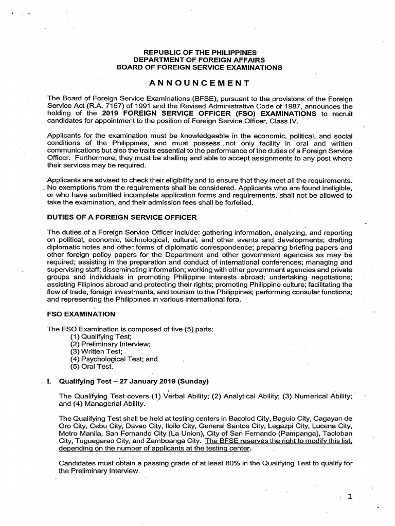2019 Foreign Service Officer (Fso) Examinations PDF | PDF