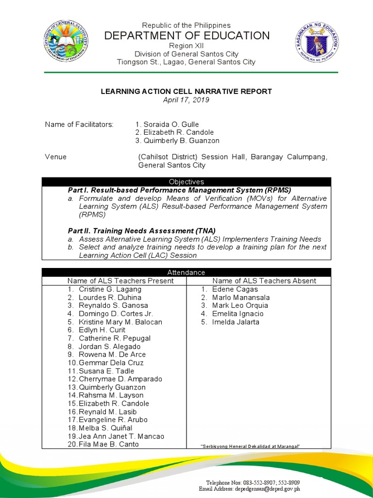 Department of Education: Learning Action Cell Narrative Report | PDF ...