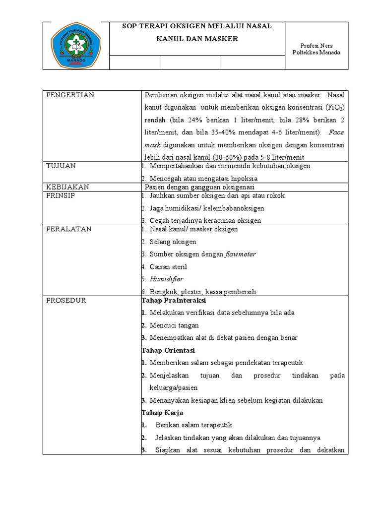 Sop Pemasangan Oksigen Melalui Nasal Kanul Dan Masker | PDF