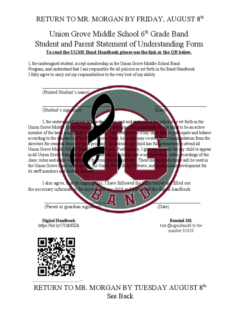 Union Grove Middle School 6 Grade Band Student and Parent Statement of ...