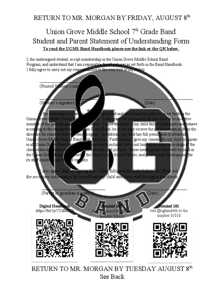 Union Grove Middle School 7 Grade Band Student and Parent Statement of ...