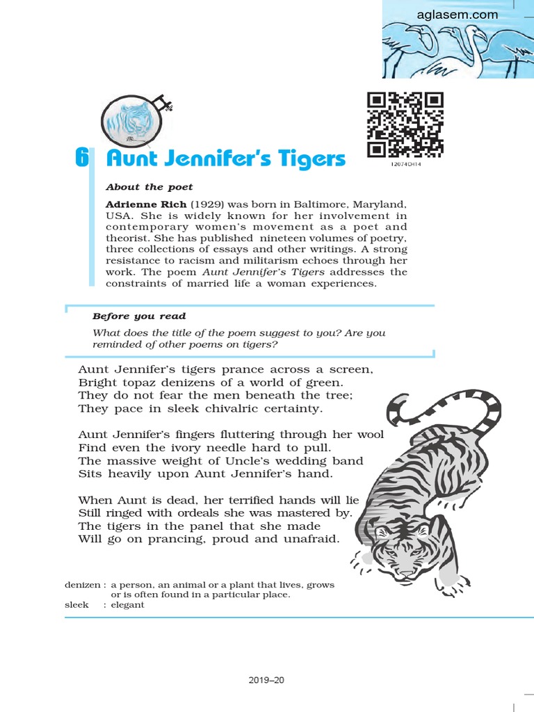 NCERT Books Class 12 English Flamingo Poem 6 Aunt Jennifer - S Tigers ...