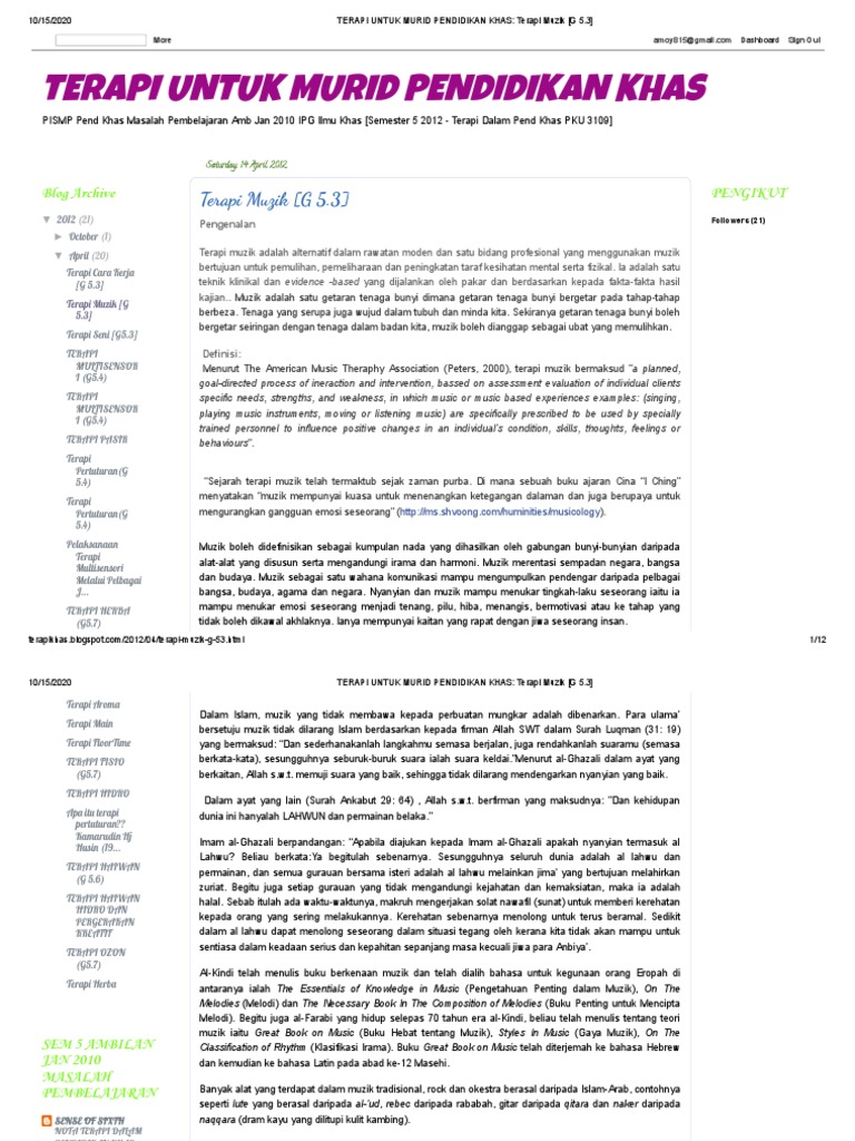 TERAPI UNTUK MURID PENDIDIKAN KHAS - Terapi Muzik (G 5.3) | PDF