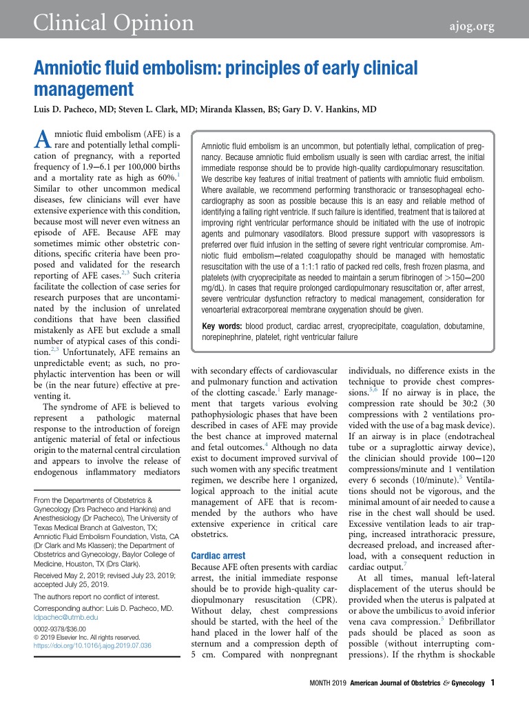 Amniotic Fluid Embolism: Principles of Early Clinical Management | PDF ...