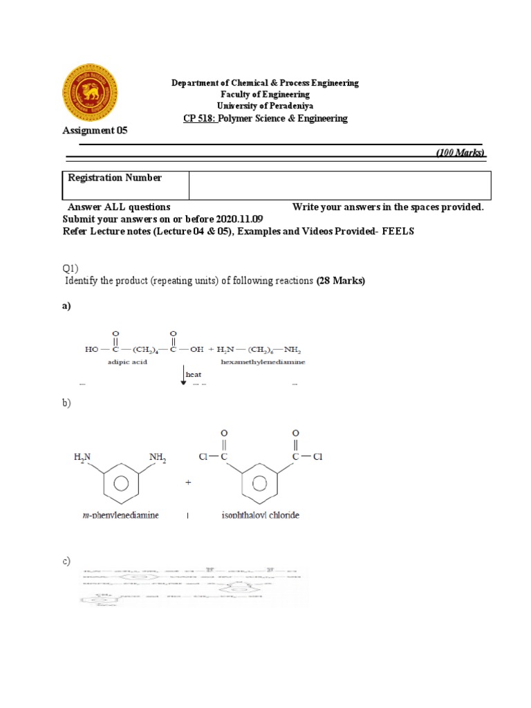 Assignment 05: Identify The Product (Repeating Units) of Following ...