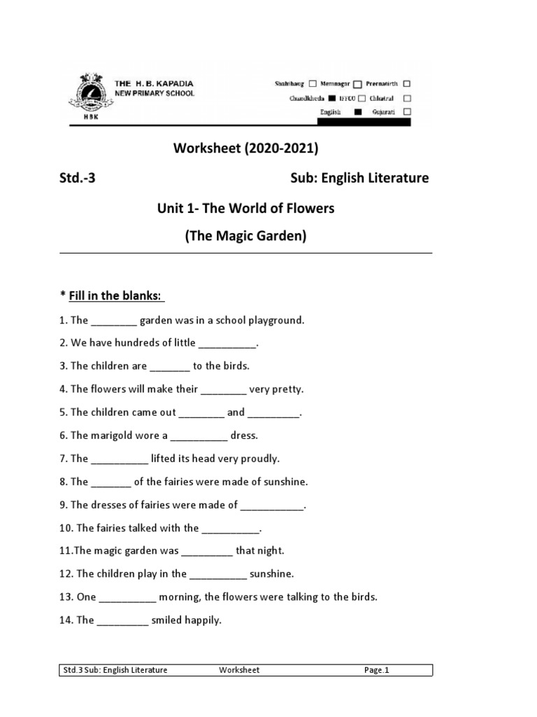 STD 3 - English Literature - CH 1 - Worksheet | PDF