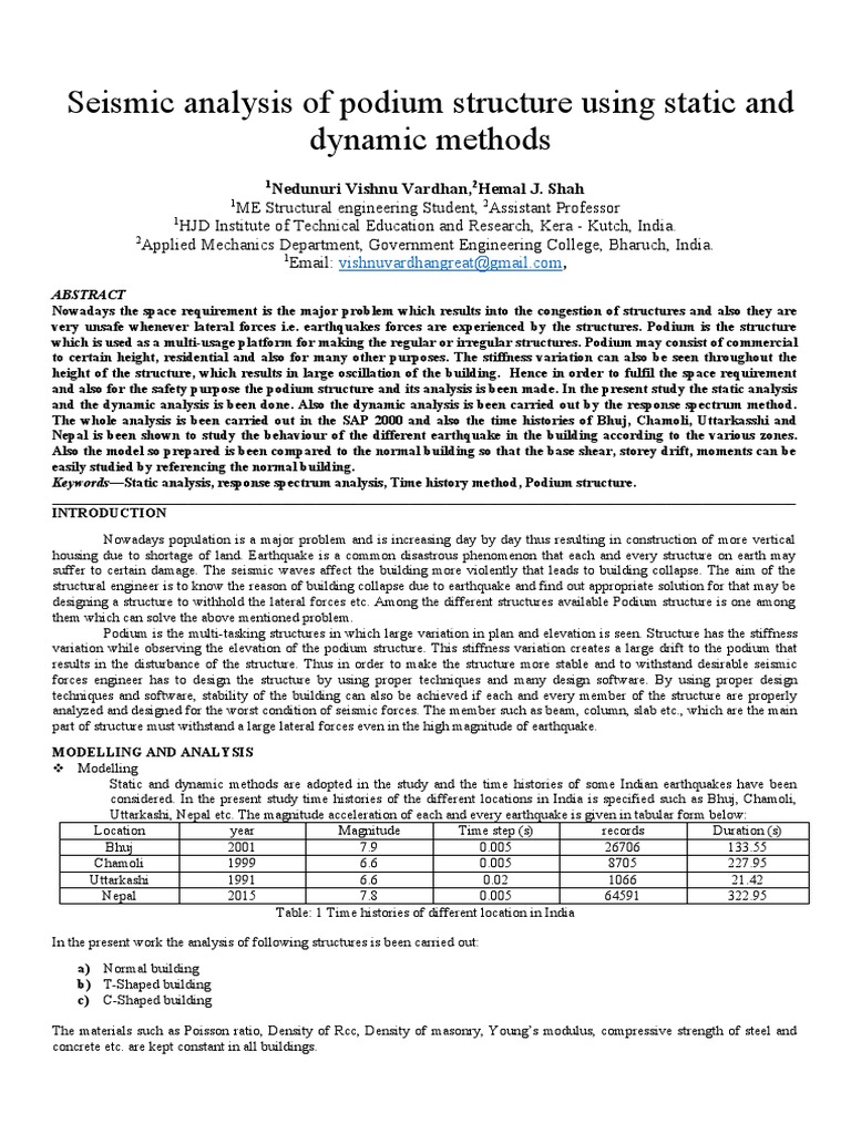 Seismic Analysis of Podium Structure Using Static and Dynamic Methods ...