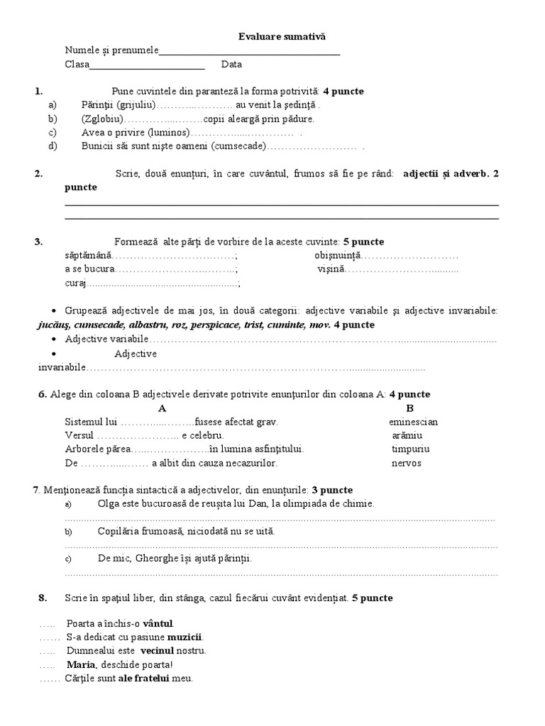 Adjectivul, Substantivul Clasa A 7-A Evaluare | PDF
