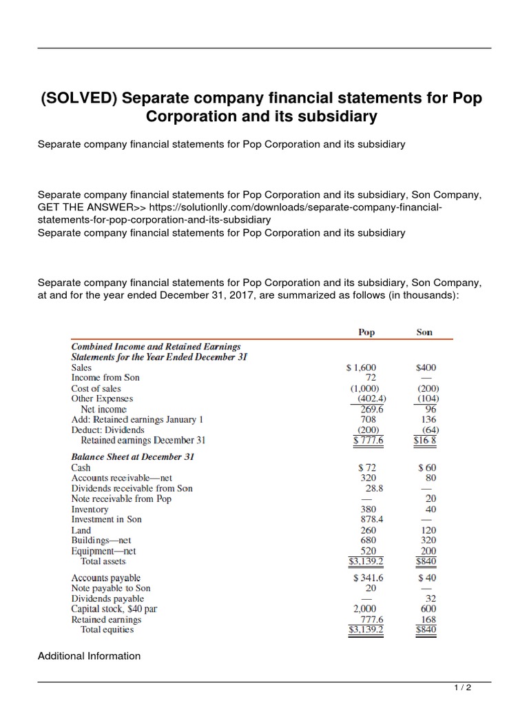 (SOLVED) Separate Company Financial Statements For Pop Corporation and ...