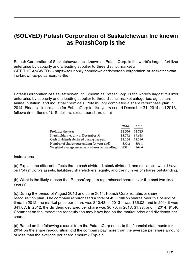 Potash Corporation of Saskatchewan Inc Known As Potashcorp Is The | PDF ...