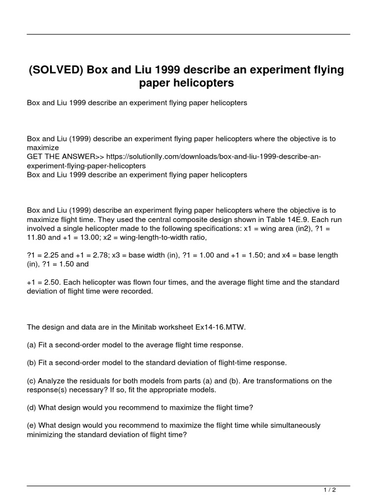 Box and Liu 1999 Describe An Experiment Flying Paper Helicopters | PDF