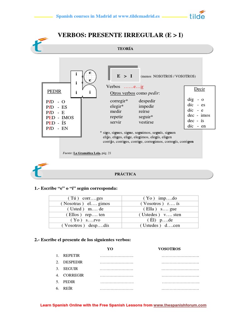 Presente Irregular e - I Ejercicios PDF | PDF