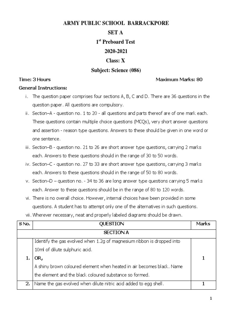 Army Public School Barrackpore Set A 1 Preboard Test 2020-2021 Class: X ...