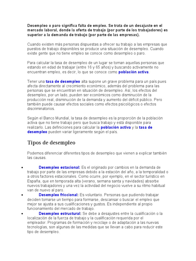 Desempleo o Paro Significa Falta de Empleo | PDF | Desempleo | Ciencias ...