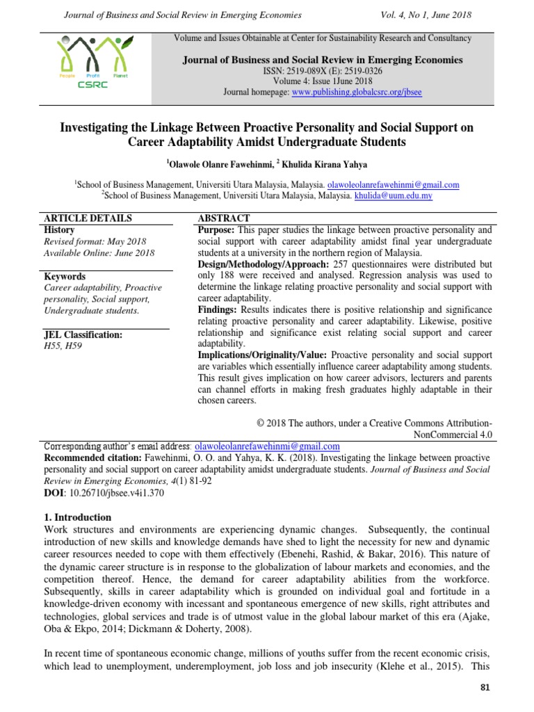 The Linkage Between Proactive Personality and Social Support On Career Adaptability | PDF ...