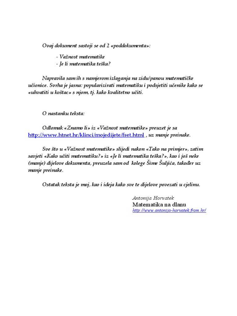 Vaznost I Tezina Matematike | PDF