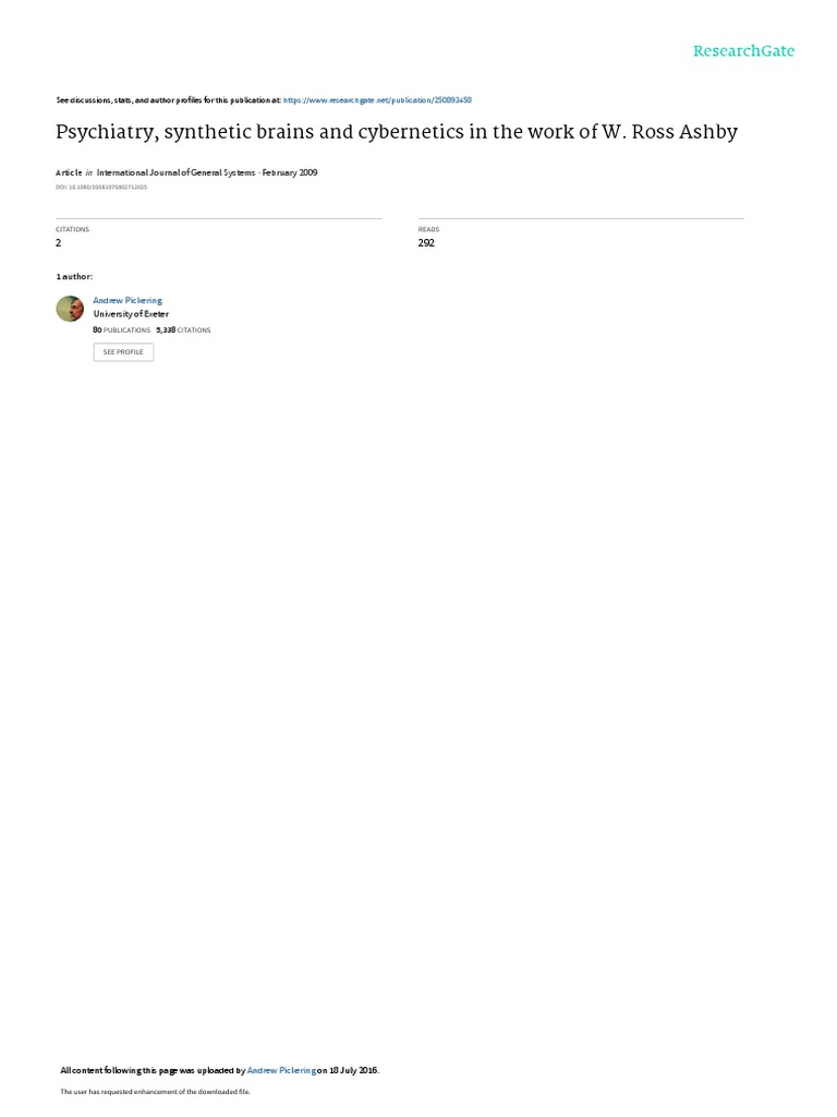 Psychiatry, Synthetic Brains and Cybernetics in The Work of W. Ross ...