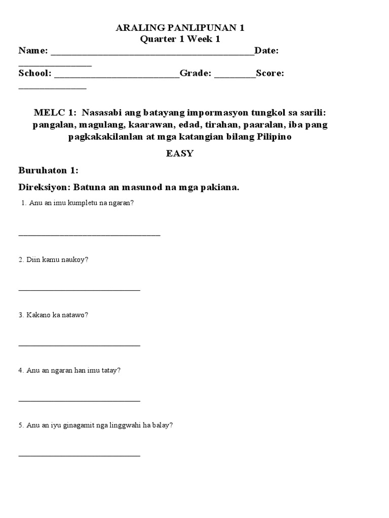 Araling Panlipunan 1 Activity Sheet | PDF