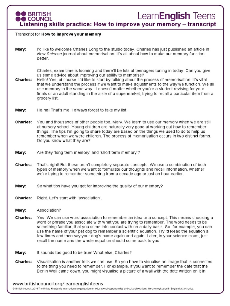 Memory Improvement Tips Transcript | PDF | Cognitive Neuroscience | Memory
