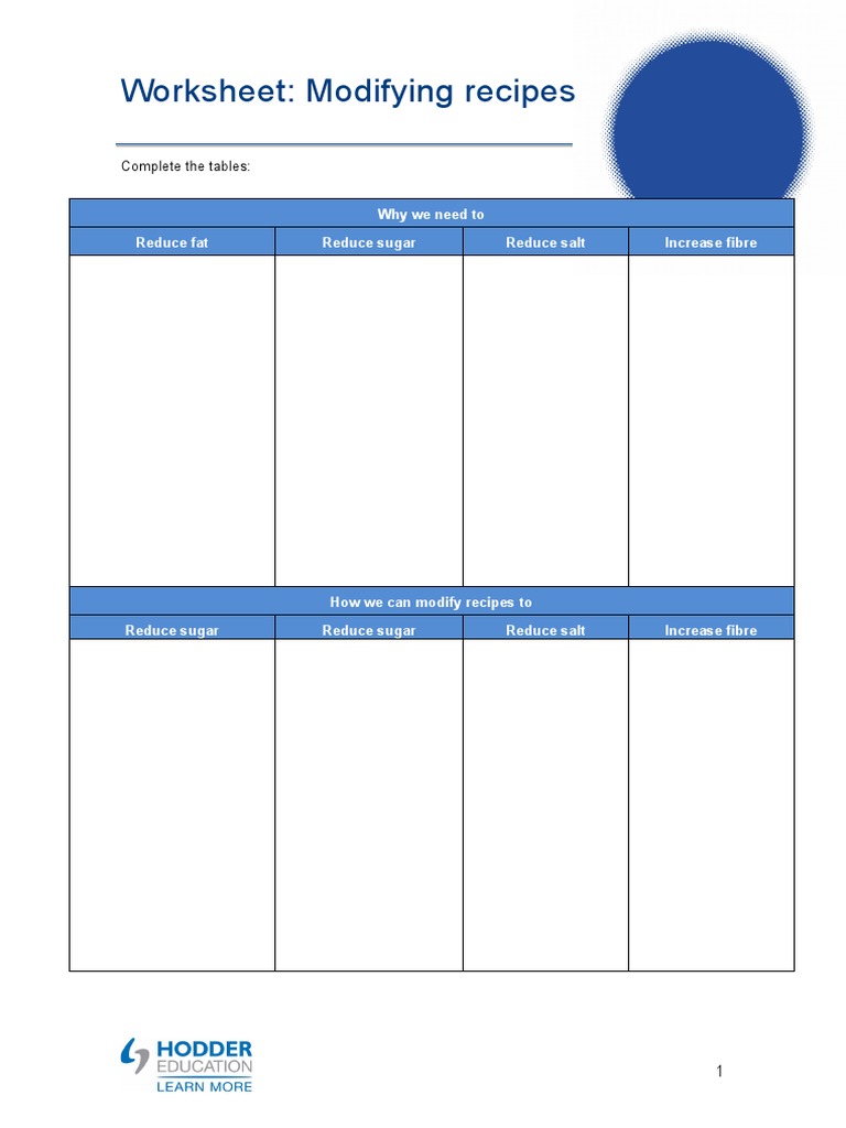 Worksheet: Modifying Recipes: Complete The Tables | PDF | Wellness