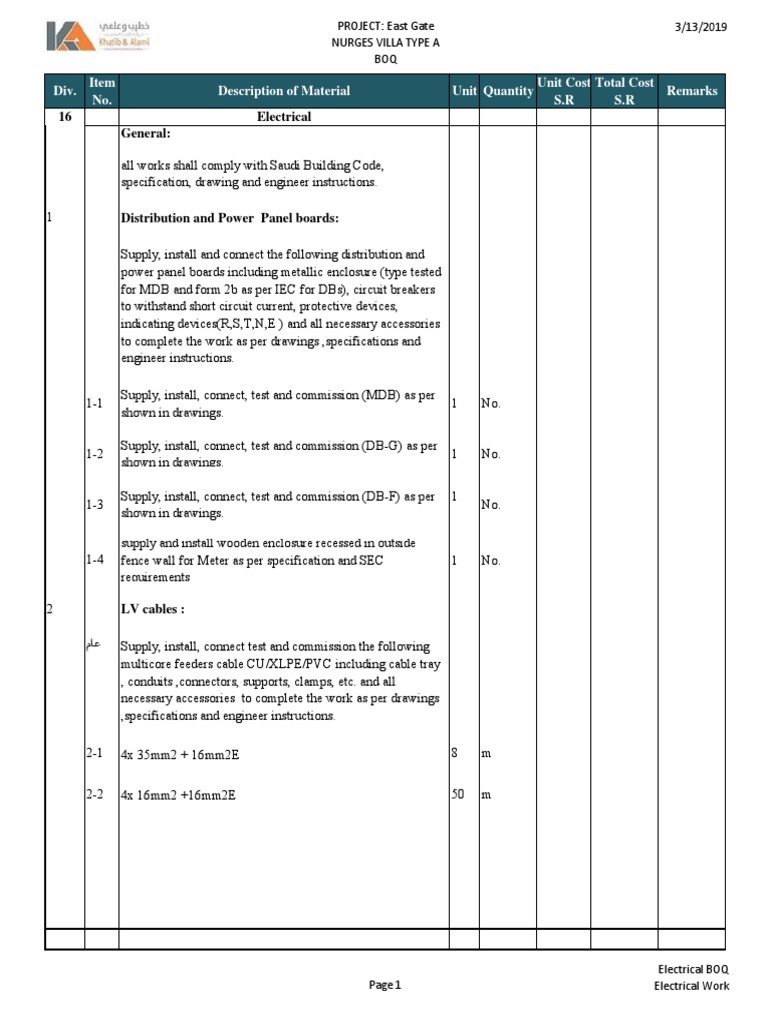 Electrical BOQ EN | PDF | Electrical Wiring | Components