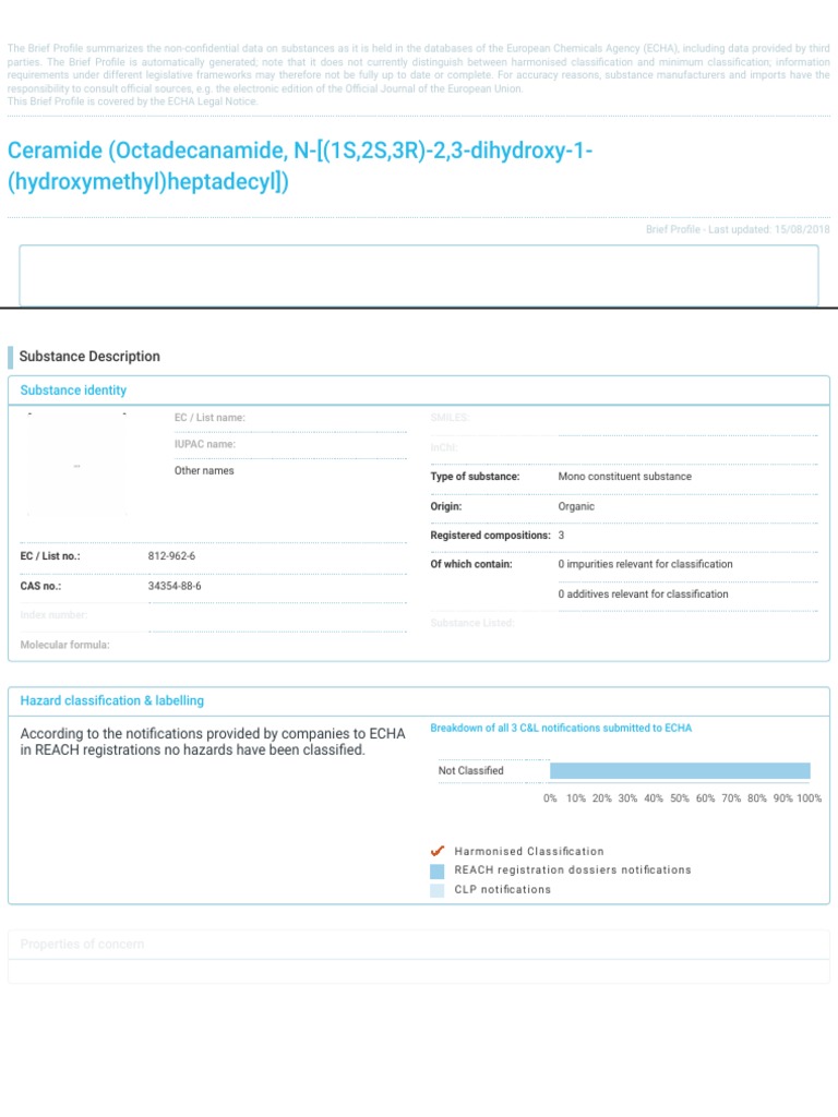 Ceramide (Octadecanamide,... - Brief Profile - ECHA | PDF | Chemical ...