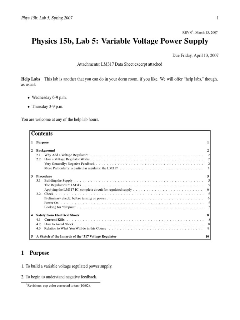 Physics 15b, Lab 5: Variable Voltage Power Supply: Help Labs | PDF ...