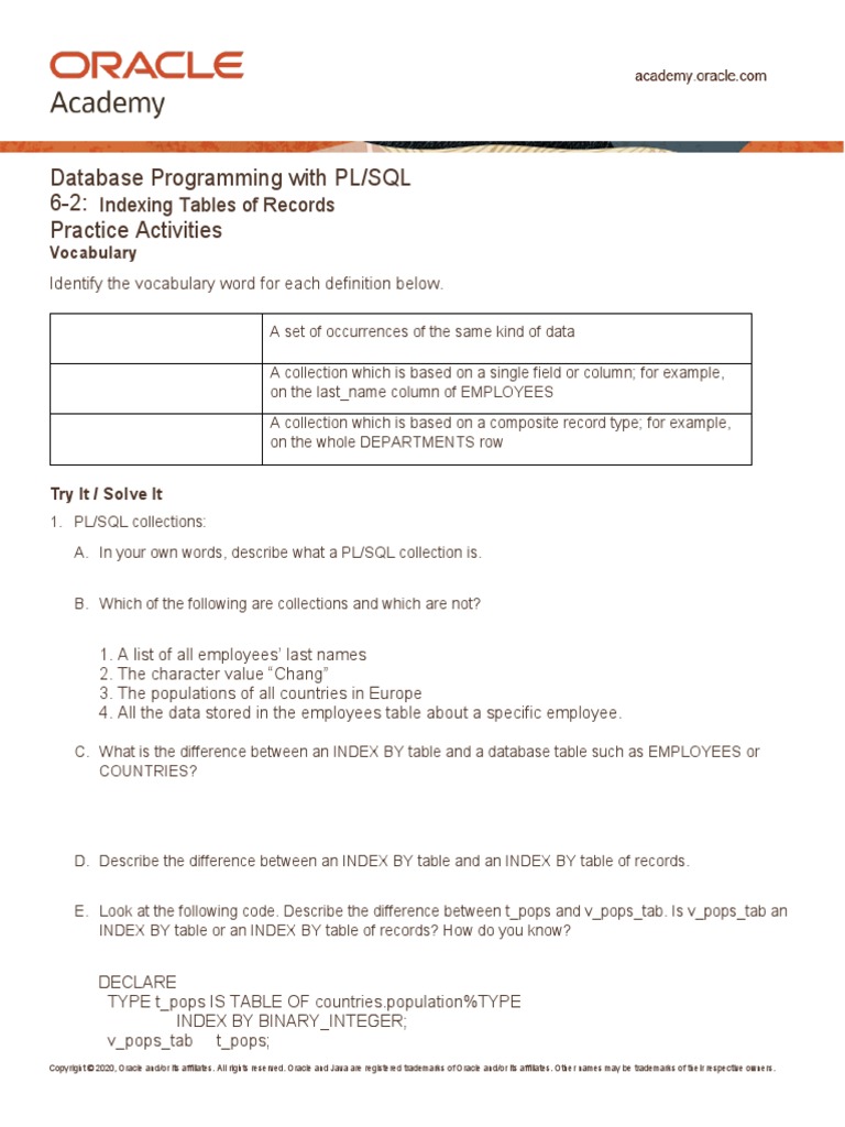 Database Programming With Pl Sql 6 2 Practice Activities Indexing Tables Of Records Pdf