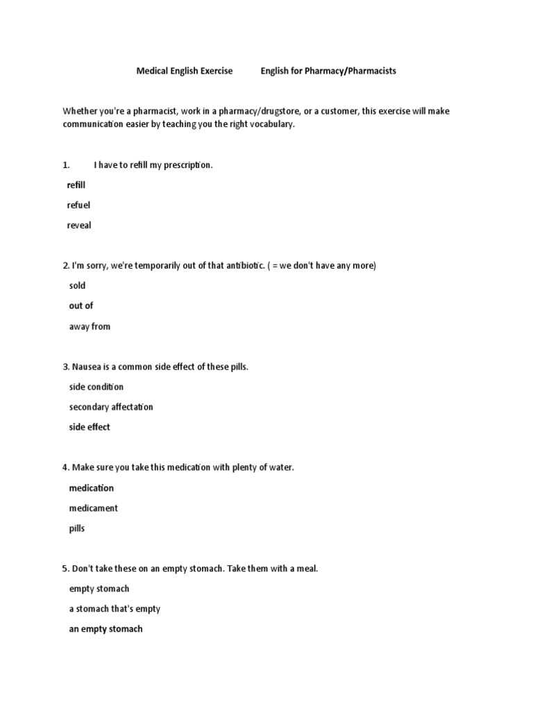 Medical English Exercise English For Pharmacy/Pharmacists | PDF | Wellness