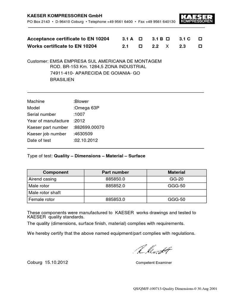 Acceptance Certificate To EN 10204 Works Certificate To EN 10204 | PDF