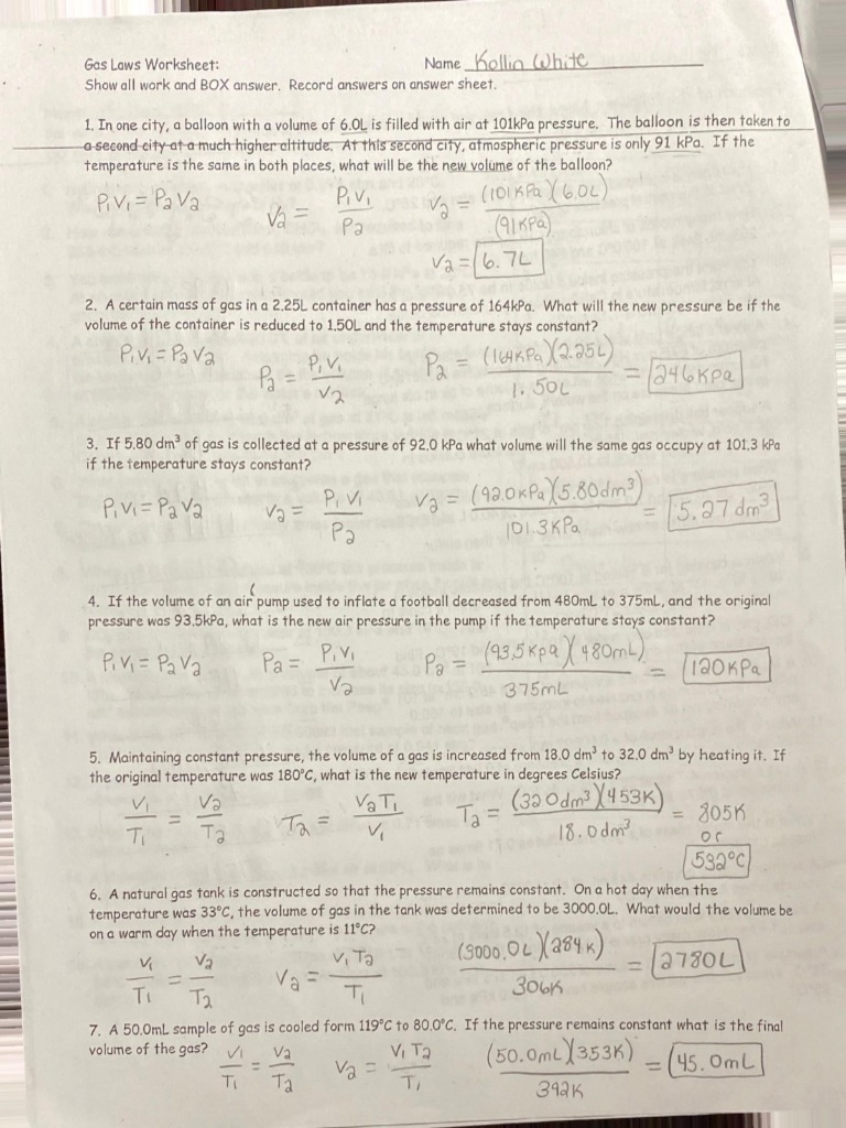 Gas Laws Worksheet | PDF | Gases | Pressure