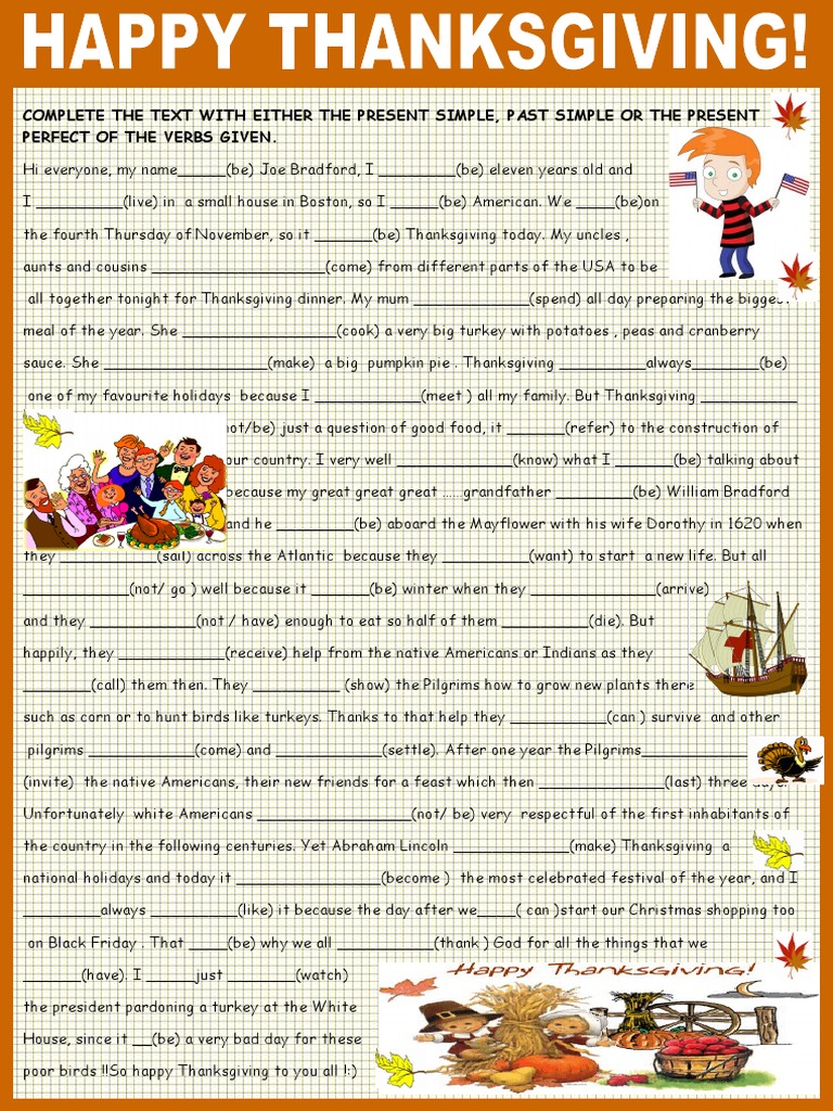Thanksgiving Past Present and Present Perfect With Grammar Drills ...