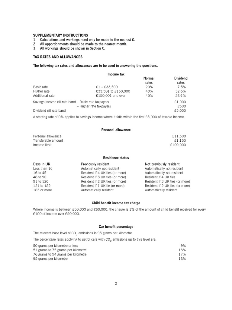 ACCA TX (F6) Tax Rates and Allowance Exam Formulae 2018 | PDF | Taxes ...