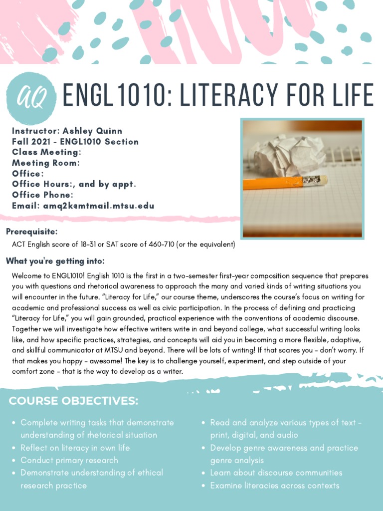 Engl 1010 Literacy For Life | PDF | Literacy | Cognition