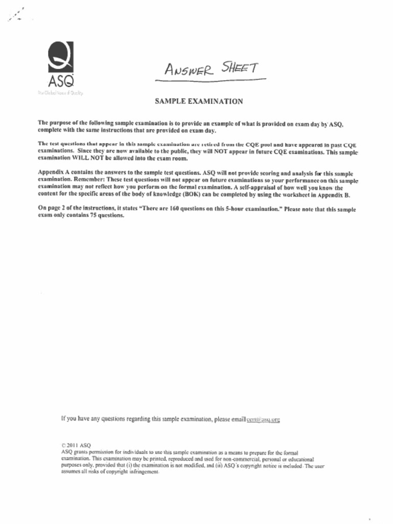 ASQ 75 Question CQE Exam With Answer Sheet and All Problems Worked Out ...
