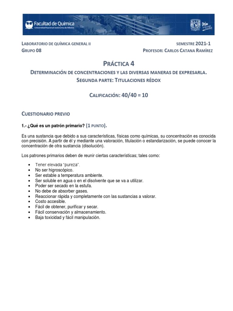 Cuestionario Previo P4 QGII (Respuestas) PDF | PDF | Redox | Química