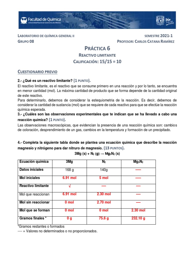 Respuestas Previo P6 QGII PDF | PDF | Estequiometría | Mole (Unidad)