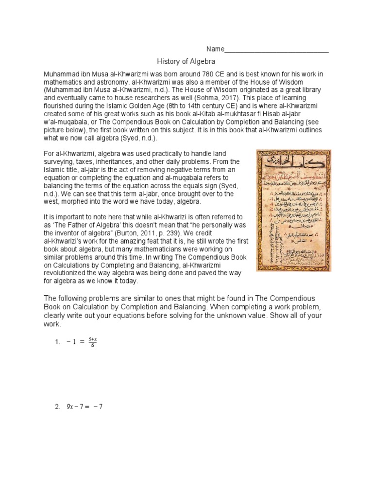 History of Algebra Packet | PDF | Algebra | Teaching Mathematics