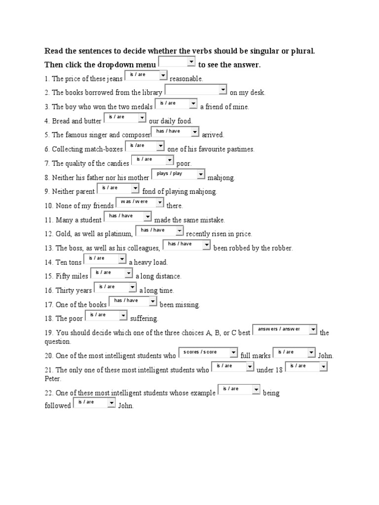 Read The Sentences To Decide Whether The Verbs Should Be Singular or ...