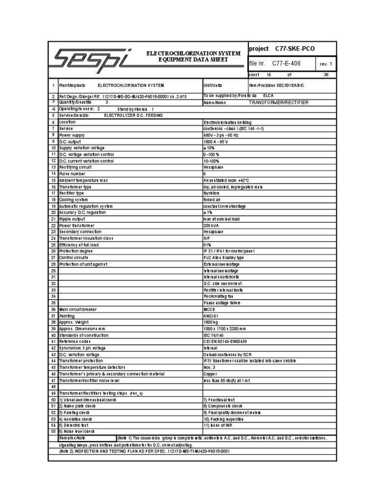 Electrochlorination System Equipment Data Sheet: Project C77-SKE-PCO ...