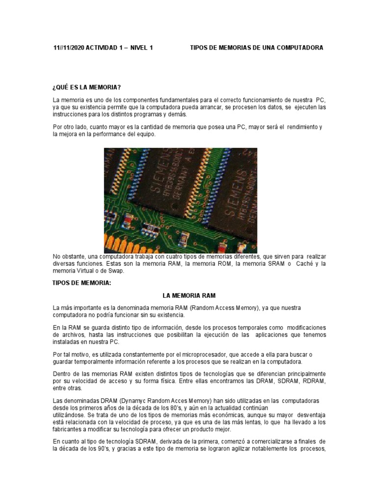 Actividad 1 Tipos de Memorias de Una Computadora | PDF | Almacenamiento ...
