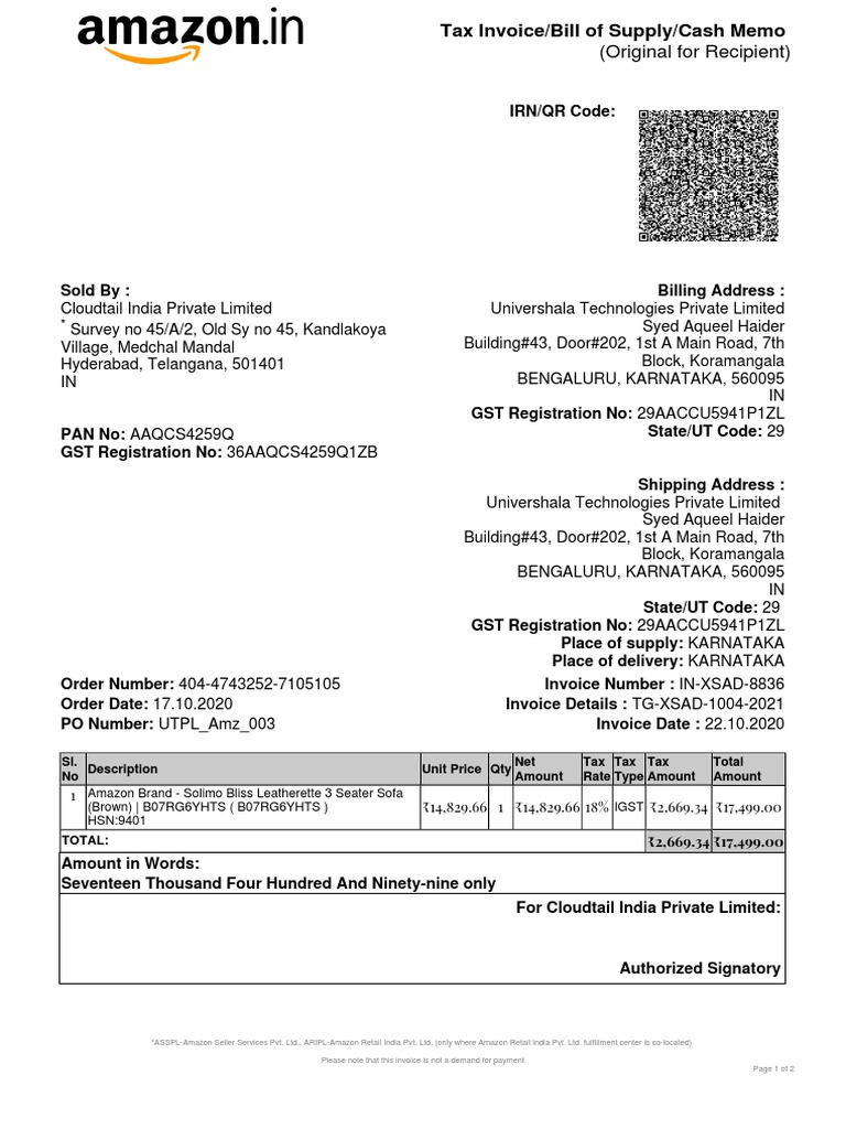 Sofa Invoice Amazon PDF | PDF | Invoice | Taxes