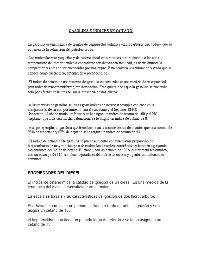 ÍNDICES DE OCTANO y CETANO | PDF | Gasolina | Combustible diesel