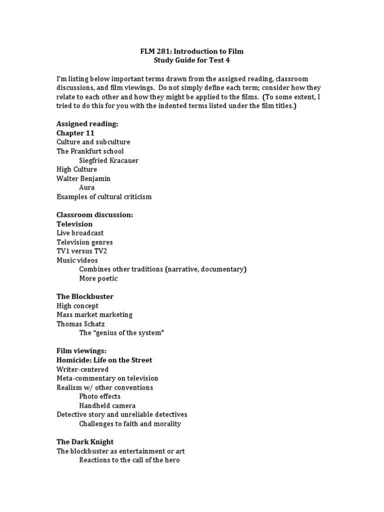 FLM 281: Introduction To Film Study Guide For Test 4 | PDF | General ...